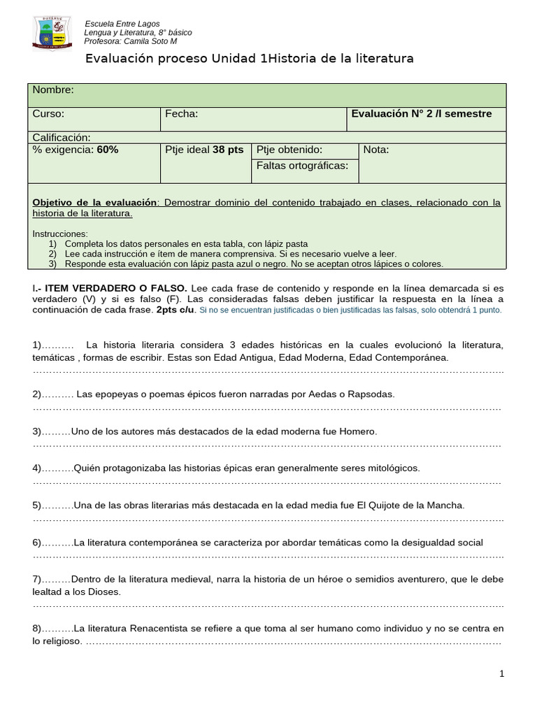 Prueba de La Literatura 8vo | PDF