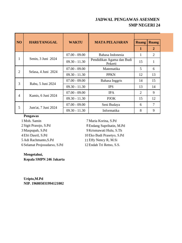 JADWAL PENGAWAS AAT 2024 Rev | PDF