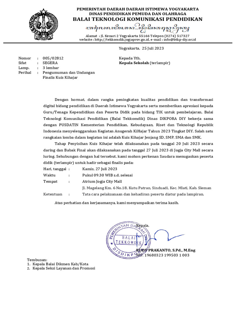 Kuis Kihajar SMK - Surat Undangan Final | PDF