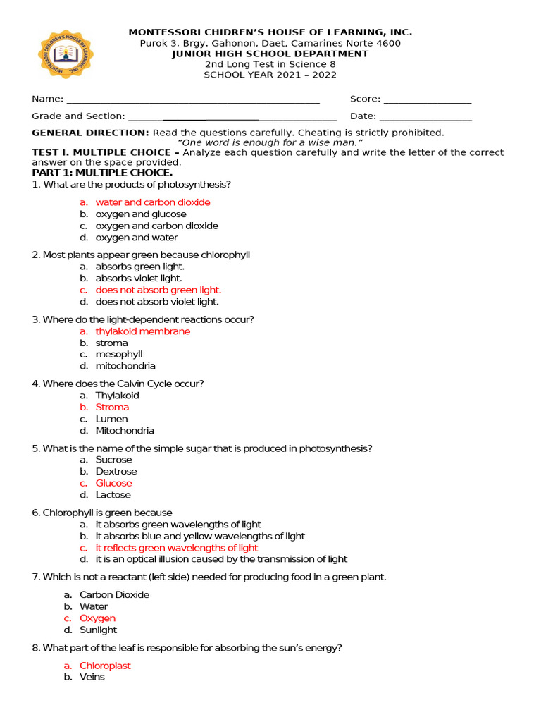 2nd long test Science 8 | PDF