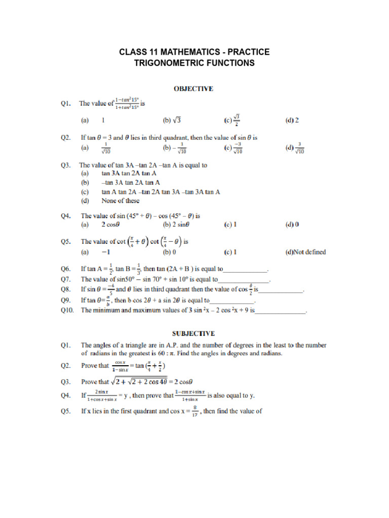 Class 11 Mathematics - Practice | PDF