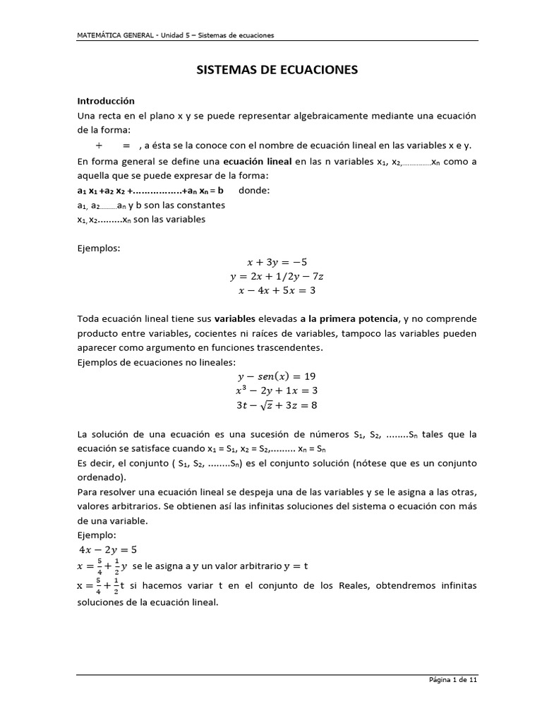 Teoría Unidad 5 - SISTEMAS DE ECUACIONES | PDF