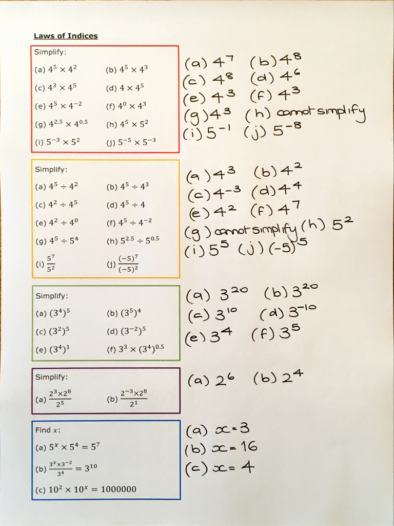 Laws of Indices Practice Strips Answers | PDF