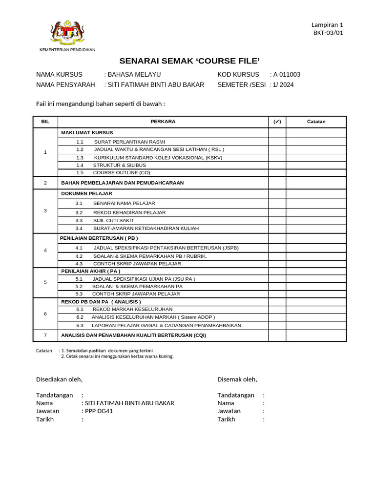 Senarai Semak Course File | PDF
