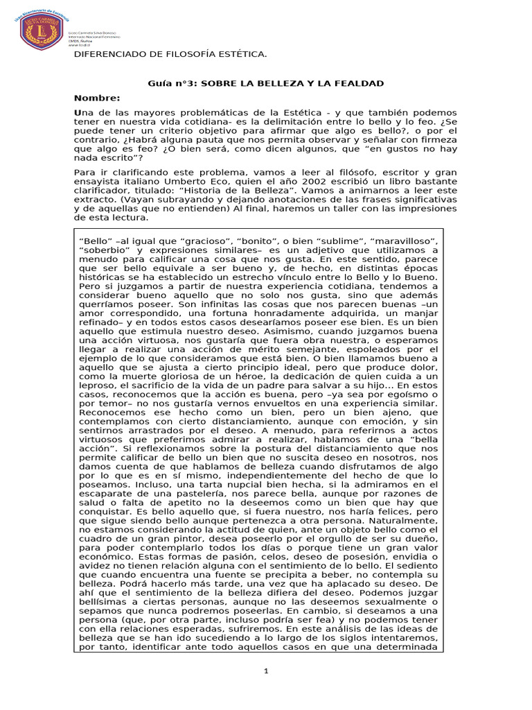 Guía 4 Sobre La Belleza y La Fealdad | PDF