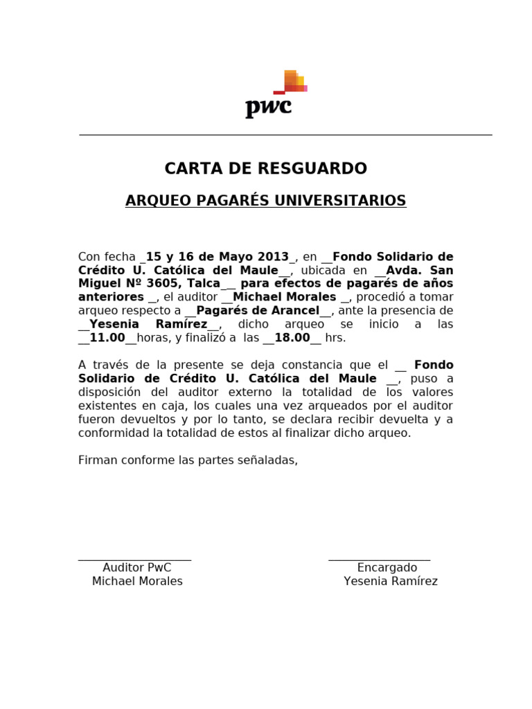 Carta Resguardo Arqueo PAGARES Fdo Cred UCM | PDF