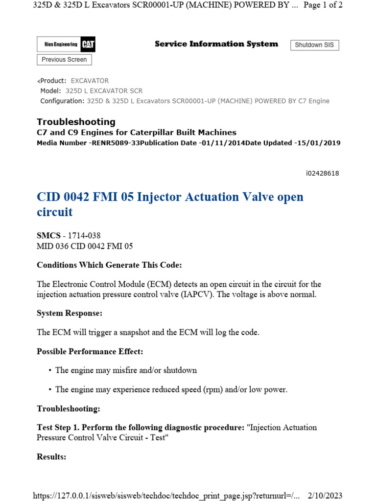 YZH 325D CID 0042 FMI 05 Injector Actuation Valve Open Circuit | PDF