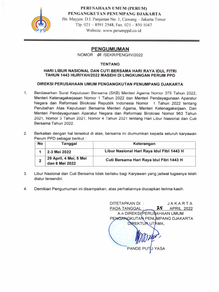 Pengumuman - Hari Libur Dan Cuti Bersama Hari Raya Idul Fitri Tahun 1443 H2022 Masehi Di ...