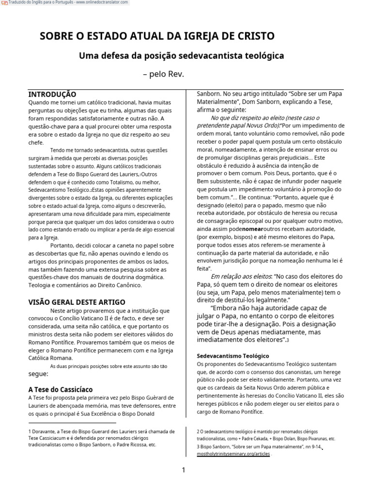 A Defense of The Theological Sedevacantist Position - En.pt | PDF