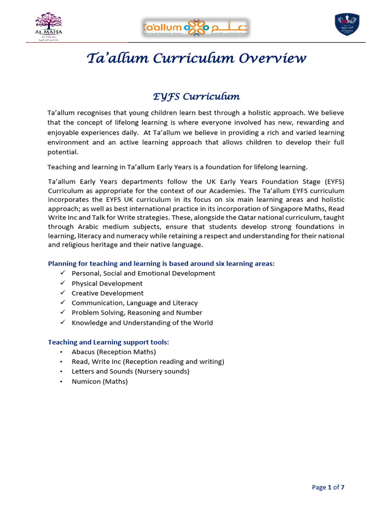 Curriculum Overview Arabic Ey Primary Secondary | PDF
