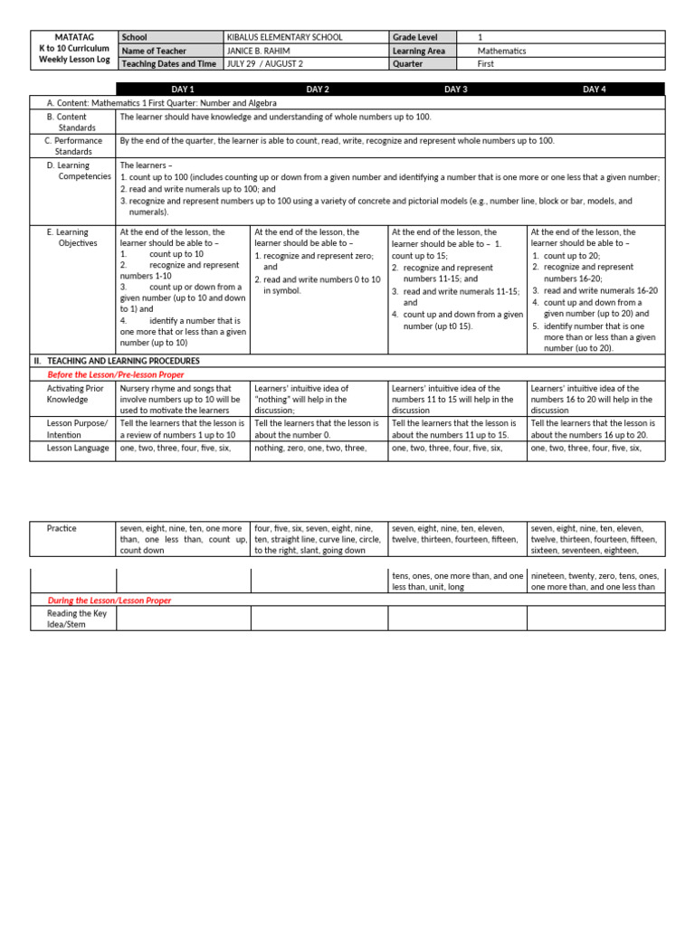Final - MATATAG - Lesson Exemplar - Grade 1 - Quarter 1 - Week 1 | PDF