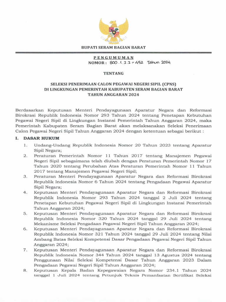 Pengumuman Seleksi Penerimaan Calon Pegawai Negeri Sipil (CPNS) Di Lingkungan Pemerintah ...