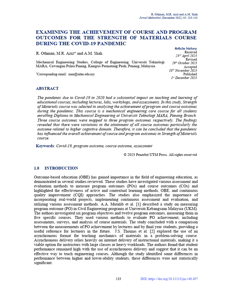 Examining The Achievement of Course and Program Outcomes For The ...