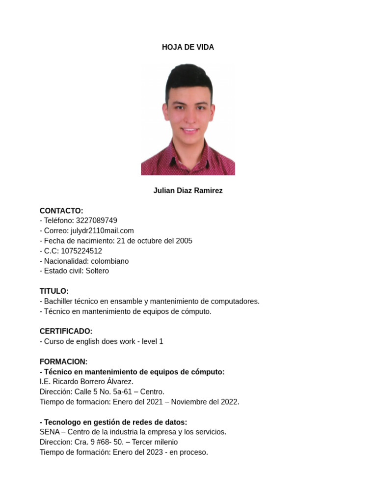Hoja de Vida Julian Diaz Ramirez | PDF