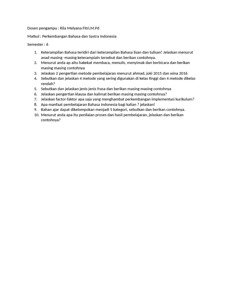 Soal Uas Perkembangan Bahasa Dan Sasatra Indonesia | PDF | Kajian Bahasa Asing