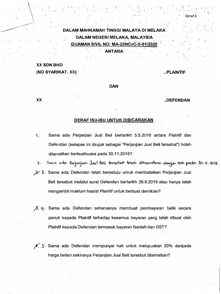 01A Sample Draft Issues To Be Tried (Amended by Defendant) | PDF