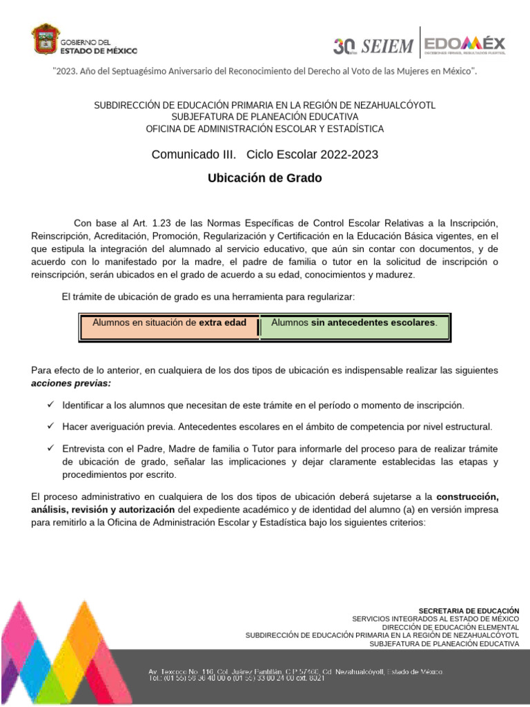 Comunicado III. Ubicación de Grado 22-23 | PDF