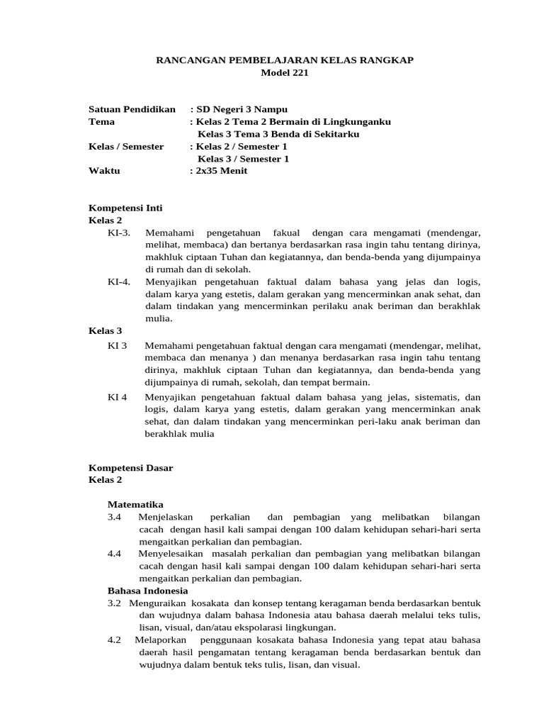 RPP Kelas Rangkap Model 221 | PDF