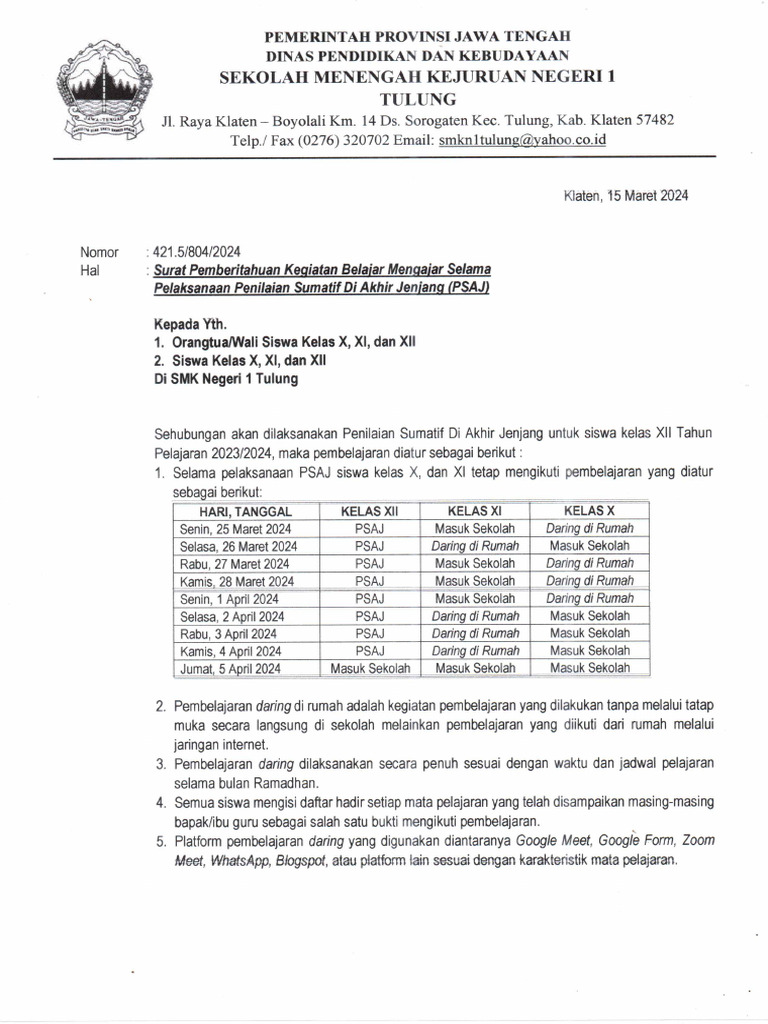Surat Pemberitahuan KBM Selama Psaj 2024 | PDF