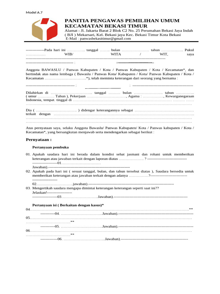 Formulir Pengaduan Panwascam Bektim 2018 (Form A-7) | PDF