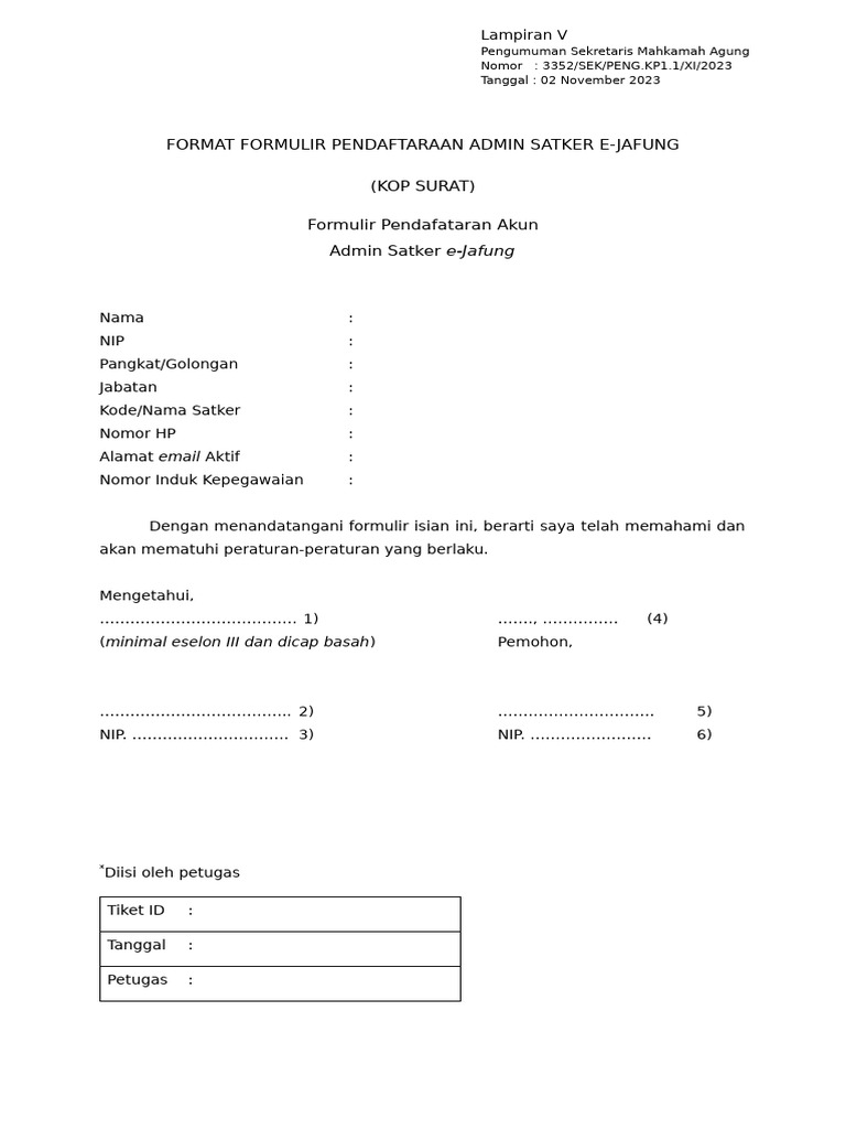 Lampiran V - Format Formulir Pendaftaran Admin Satker E-Jafung | PDF