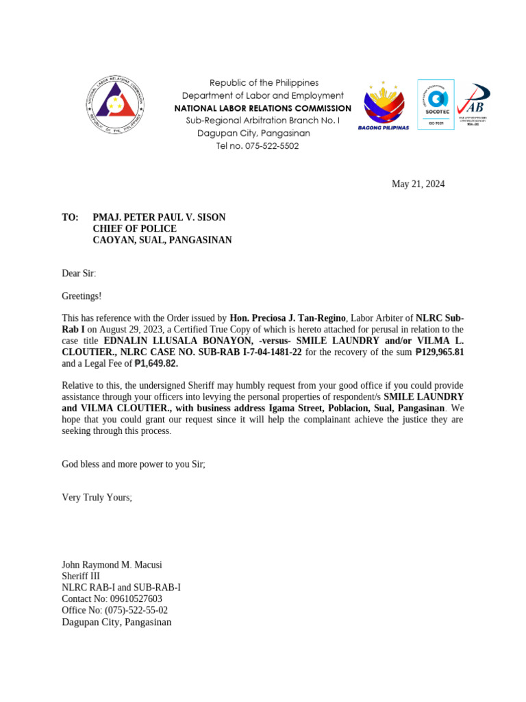 Request Letter Police Assistance Fernandez Vs Necita Santos | PDF | Law