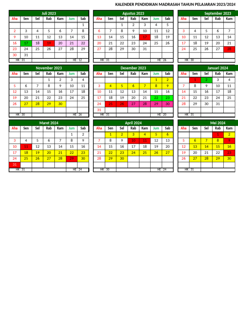 Kaldik Madrasah 2023-2024 Format Excel | PDF