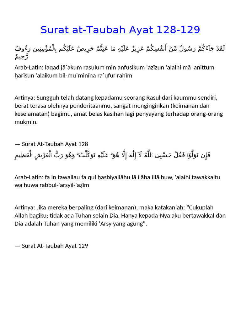 Surat At-Taubah Ayat 128-129 | PDF