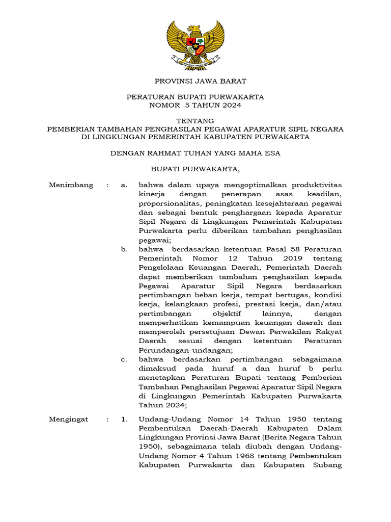 Pebub Nomor 5 Tahun 2024 Tentang Pemberian TPP Aparatur Sipil Negara Di Lingkungan Pemerintah ...