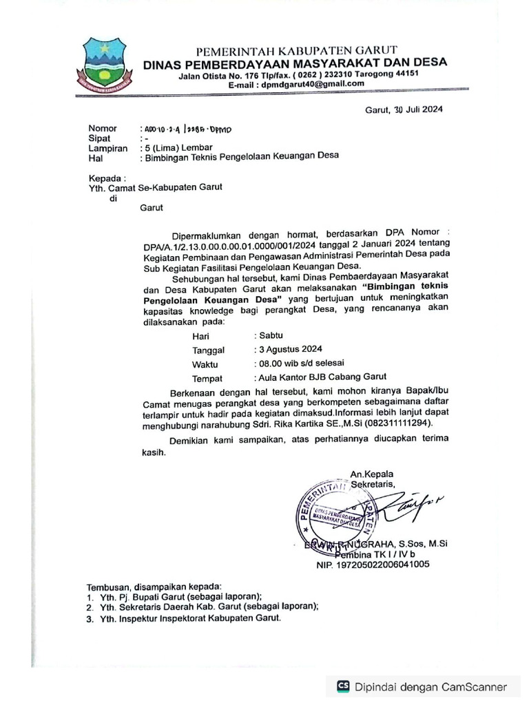 Surat Kpd. Camat (BIMTEK) | PDF