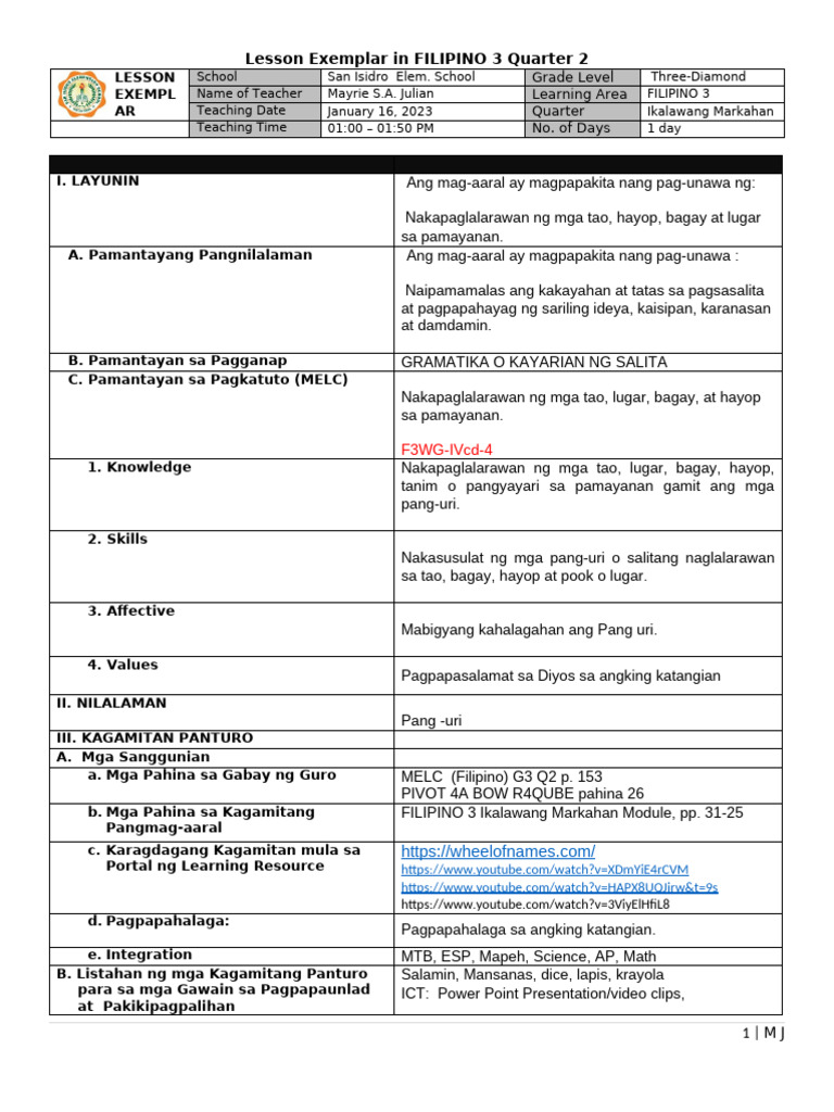 Cot2 Grade 3 Filipino q2 Week 8 Pang Uri Julian Mayrie | PDF