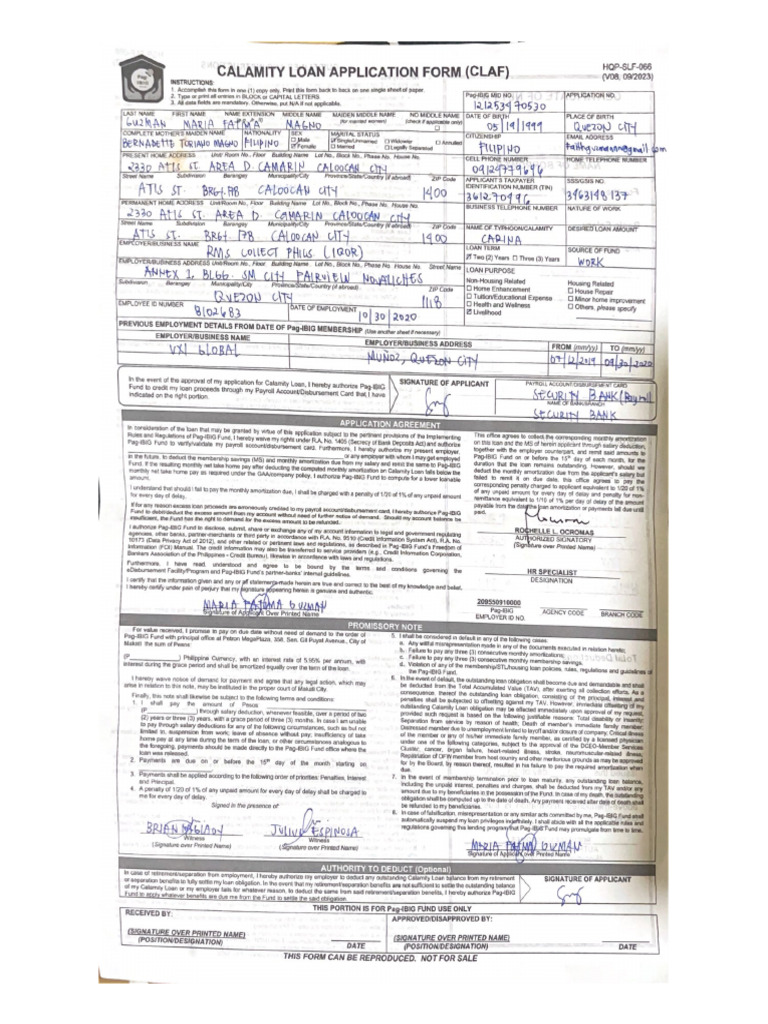 Calamity Loan Application Form (Claf) 2 | PDF