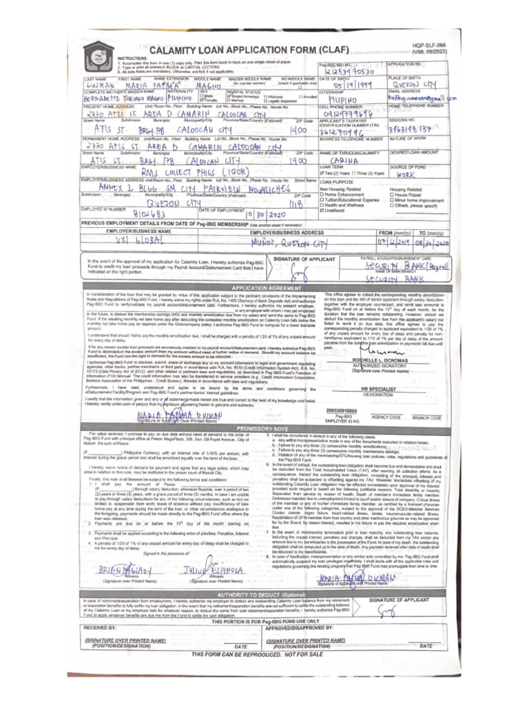 Calamity Loan Application Form (Claf) | PDF