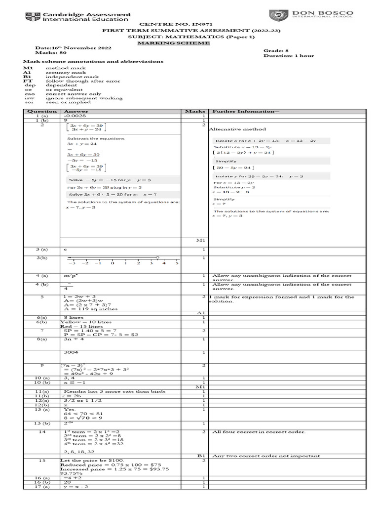 Grade 8 Mathematics Paper 1 MS SA1 2022-23 | PDF