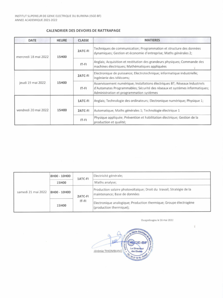 Isge-Calendrier Devoirs Rattrapage Semestre1 | PDF