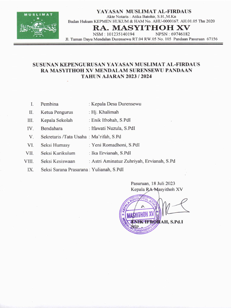 Susunan Pengurus RA NPWP | PDF