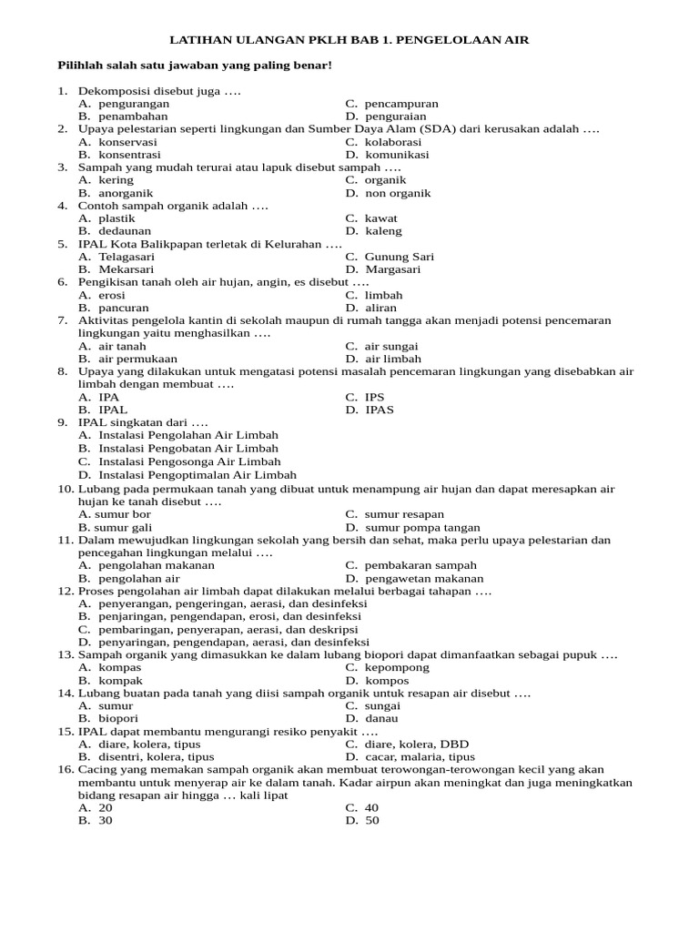 Latihan Ulangan PKLH Bab 1 | PDF