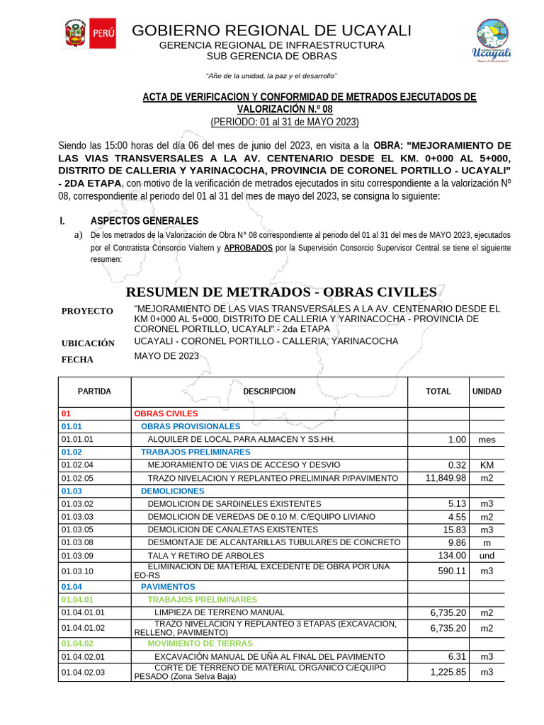 Acta de Verificacion de Metrados | PDF