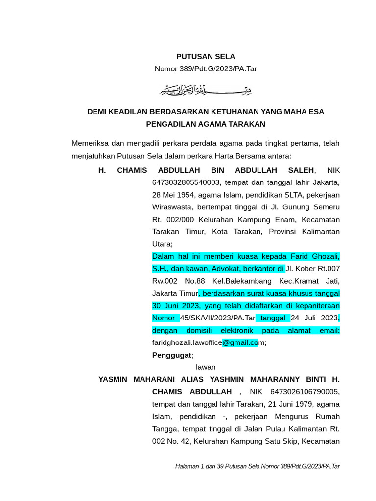 389 - PDT.G - 2023 - PA - Tar - PUTUSAN SELA Provisi - Sita | PDF