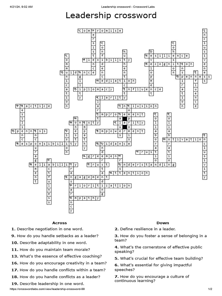 Leadership Crossword - Crossword Labs - Answers | PDF | Leadership | Social Psychology