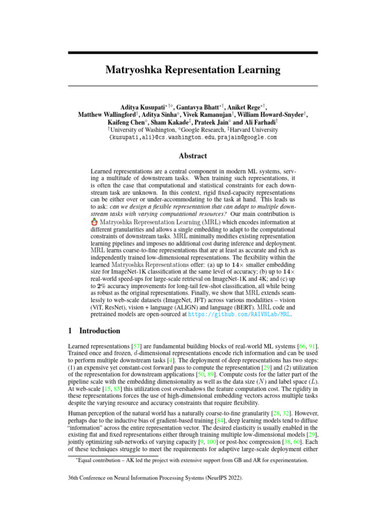 Matryoshka Representation Learning | PDF