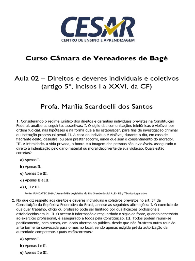 Direito Constitucional - Aula 2 - Questões | PDF