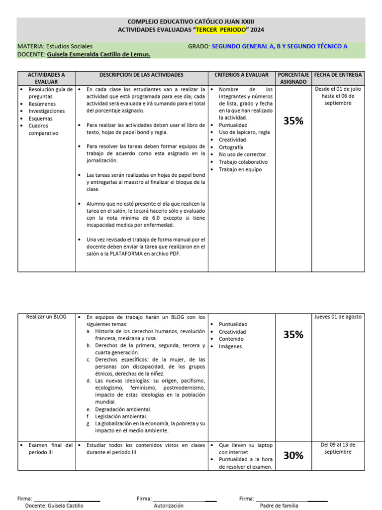 Hoja de Actividades Tercer Periodo 2° Año | PDF