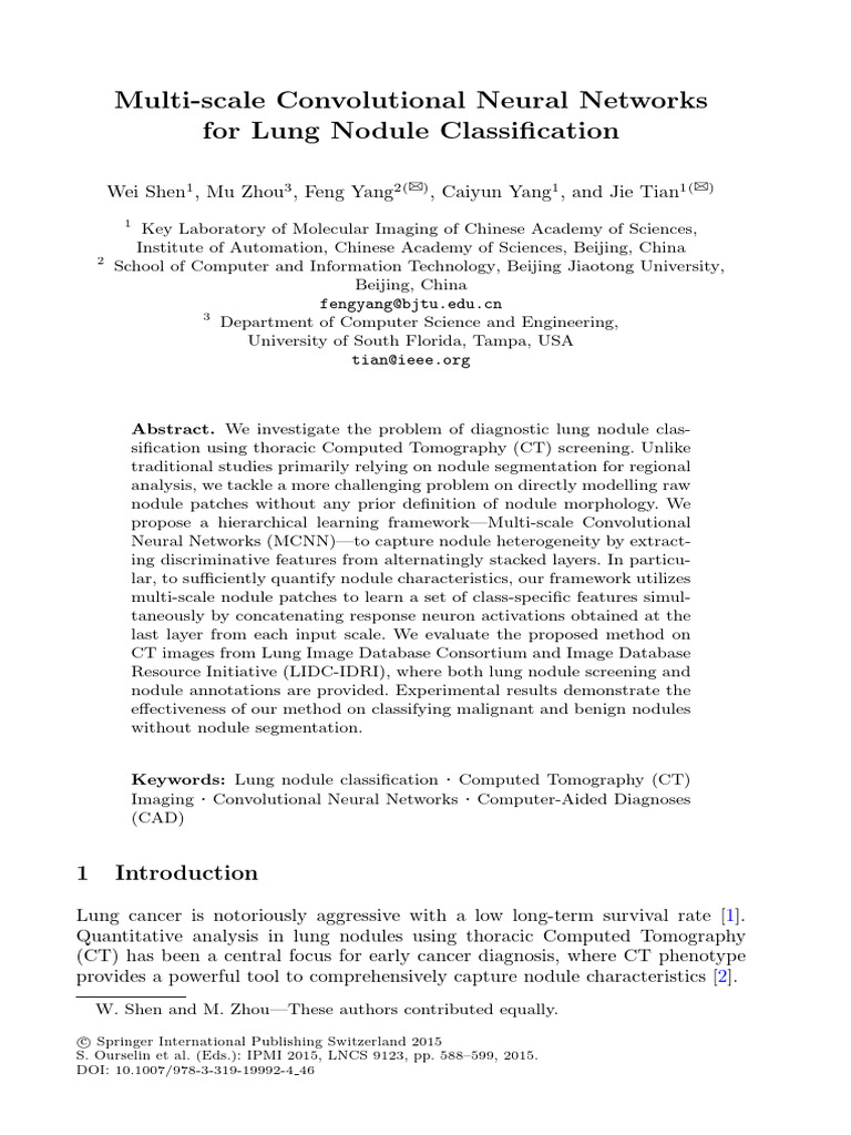 Multi Scale Convolutional Neural Networks For Lung Nodule Classification Pdf