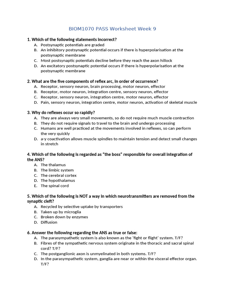 BIOM1070 PASS Week 9 Worksheet | PDF