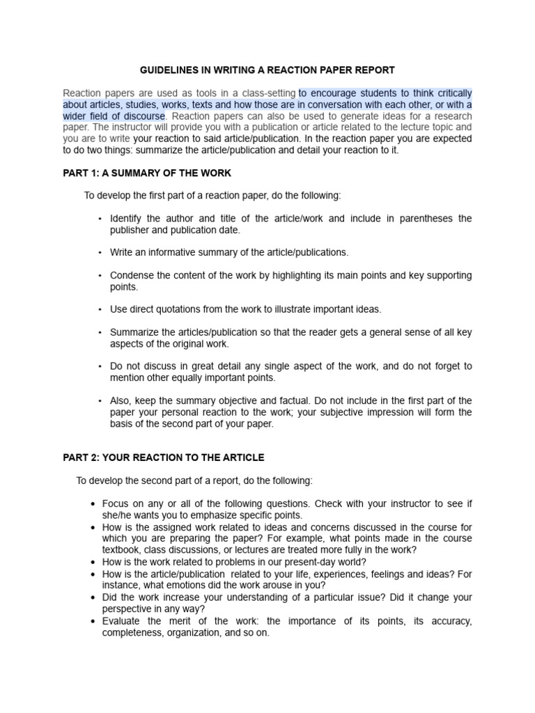 Guidelines in Writing A Reaction Paper | PDF