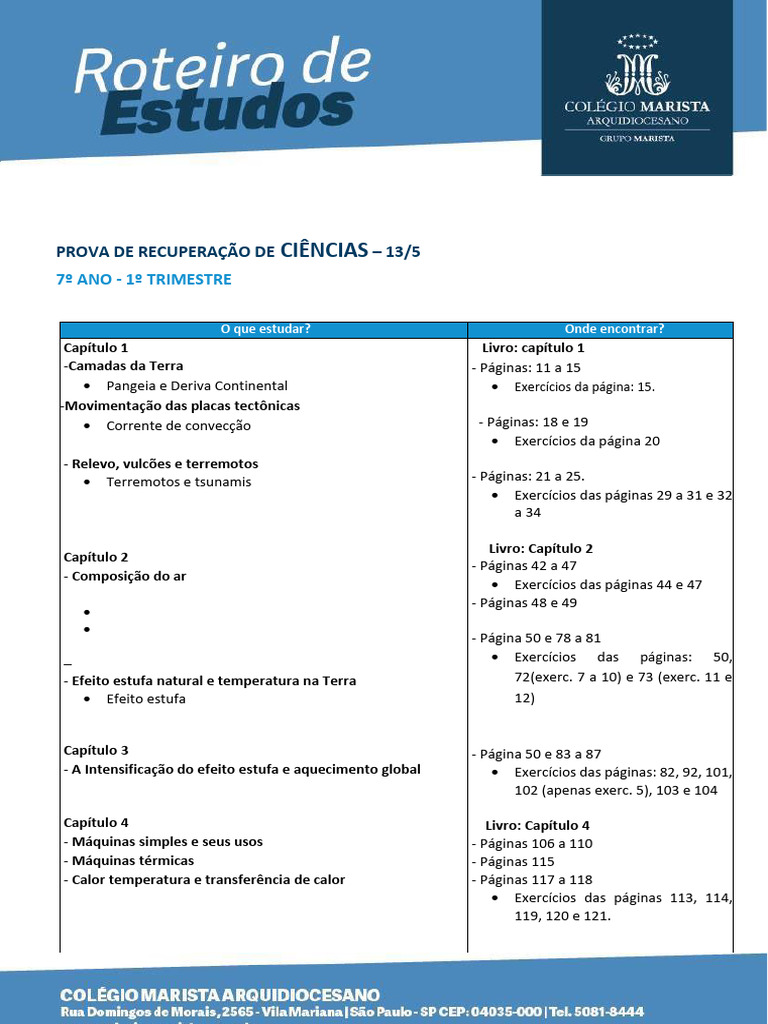 Prova de Recuperação - Roteiro de Estudos 7º Ano 1ºtri 2024 | PDF