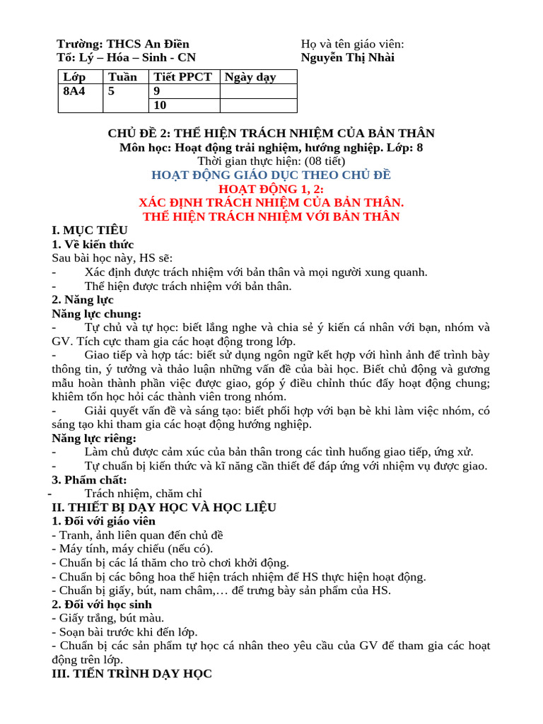 KHBD HDTN 8 CĐ2 CTST | PDF