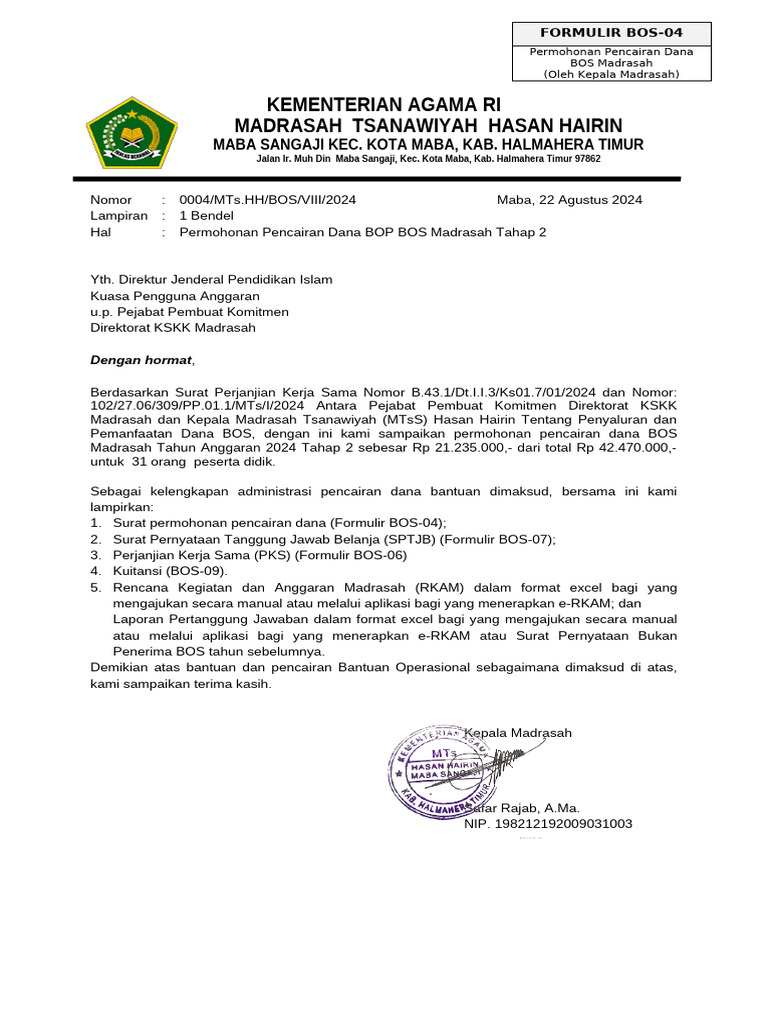 Surat Permohonan Pencairan Dana BOS TA 2024 | PDF
