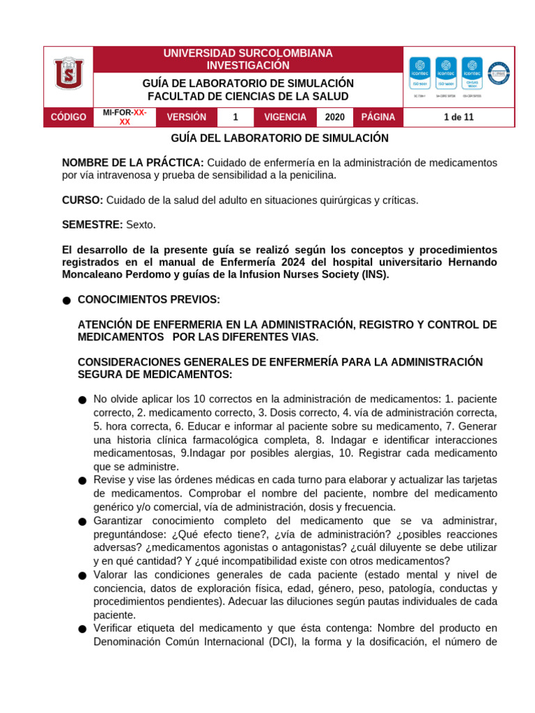 Guia Laboratorio Simulacion Mtos Via Endovenosa - Prueba Penicilina | PDF